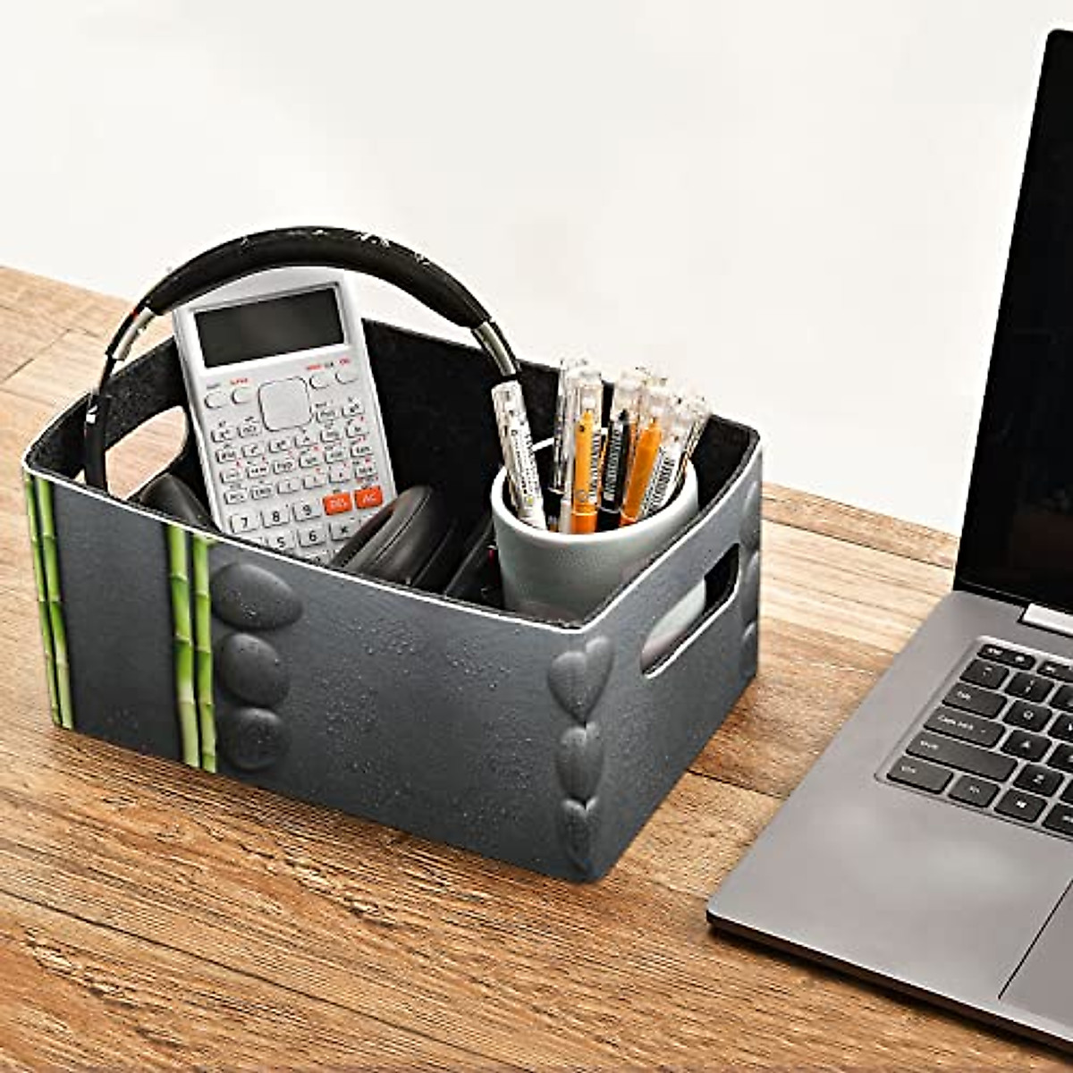 Poeticcity Black Zen Basalt Stones with Dew Green Bamboo on Dark 2 PCs Collapsible Felt Cloth Storage Box, Rectangular Desk Organizer Basket Bin, Detachable Laundry Hamper Counter Holder Box