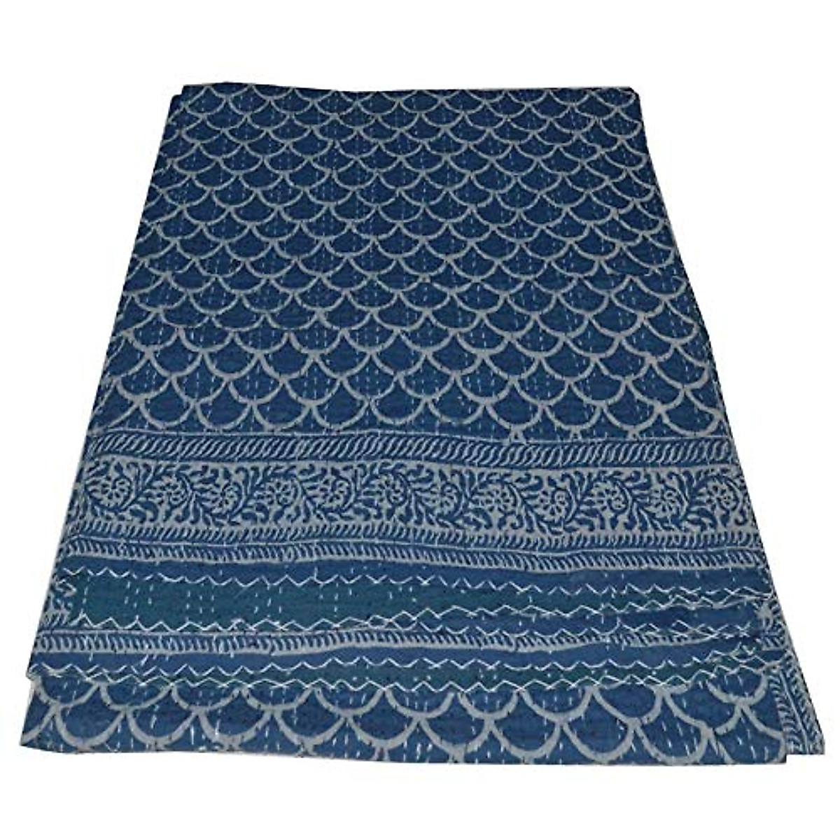 MAVISS HOMES Hand Block Print Kantha Quilt | Queen Size Cotton Vintage Kantha Throw Blanket Bedspread | Super Soft Cozy Vibe Blanket; Blue