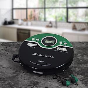 Studebaker Green Retro Portable CD Player | CD-R/RW MP3 Playback | Programmable Personal CD Player | Anti-Skip | FM Radio | Mega Bass Boost | Sport Earbuds (Vintage Green)