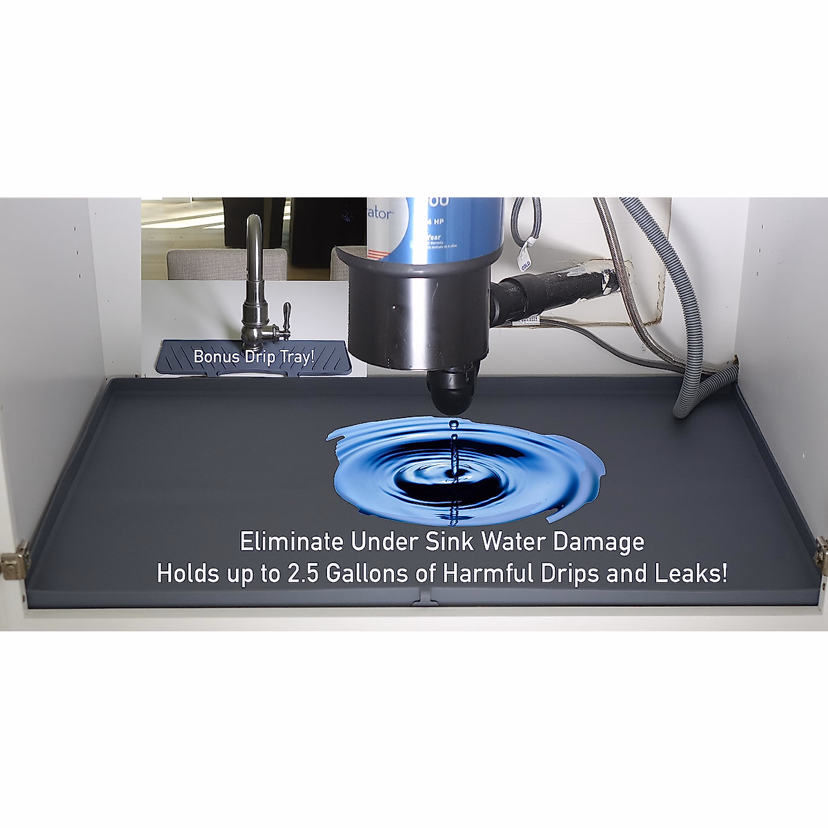 Premium 34” x 22” Under Sink Mat with Bonus Faucet Splash Guard: Waterproof Silicone Kitchen Sink Mat with Drain Hole - Rubber Mat Cabinet Protector, Anti-Slip, and Waterproof Kitchen Cabinet Liner