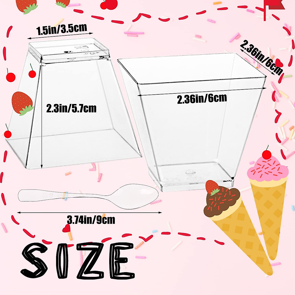 50 Pack 3.5 Oz Plastic Mini Square Dessert Cups with Spoons,Plastic Parfait Appetizer Cup,Disposable Plastic Cups for Puddings Mousse Desserts