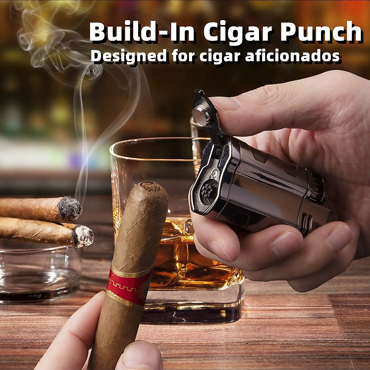 Castelar Cigar Torch Lighter Triple Jet Flame Butane Refillable with Cigar Punch Rest Holder - Butane Not Included