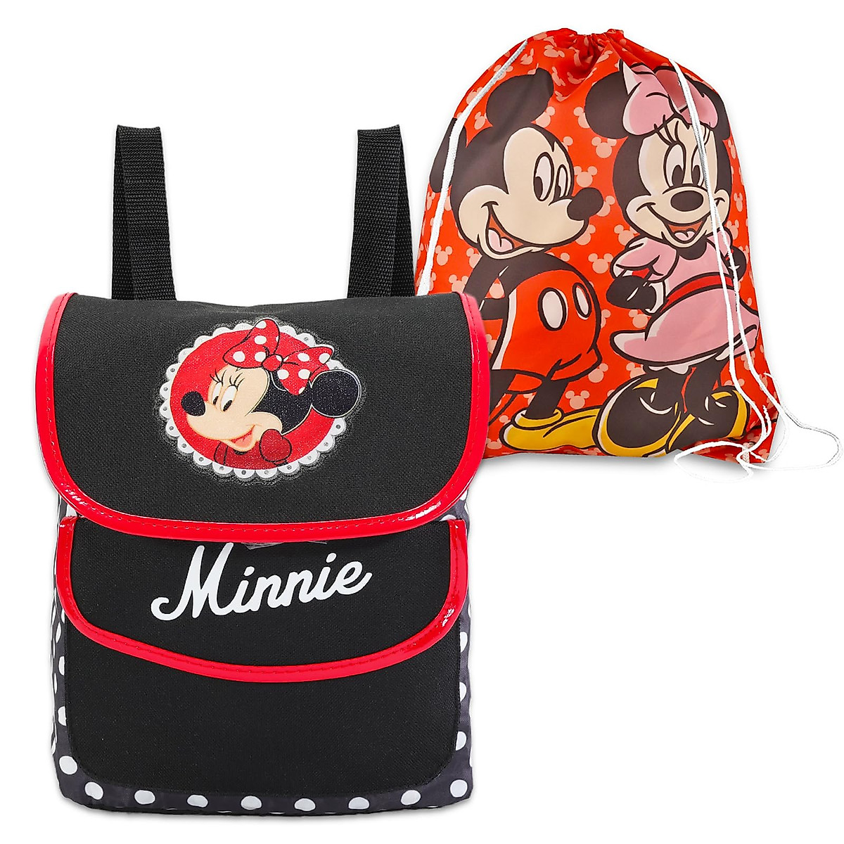Fast Forward Minnie Mouse Backpack for Girls Set - 2 Pack Bundle with 12” Minnie Mouse Preschool Mini Backpack and Minnie Drawstring Bag | Minnie Backpack