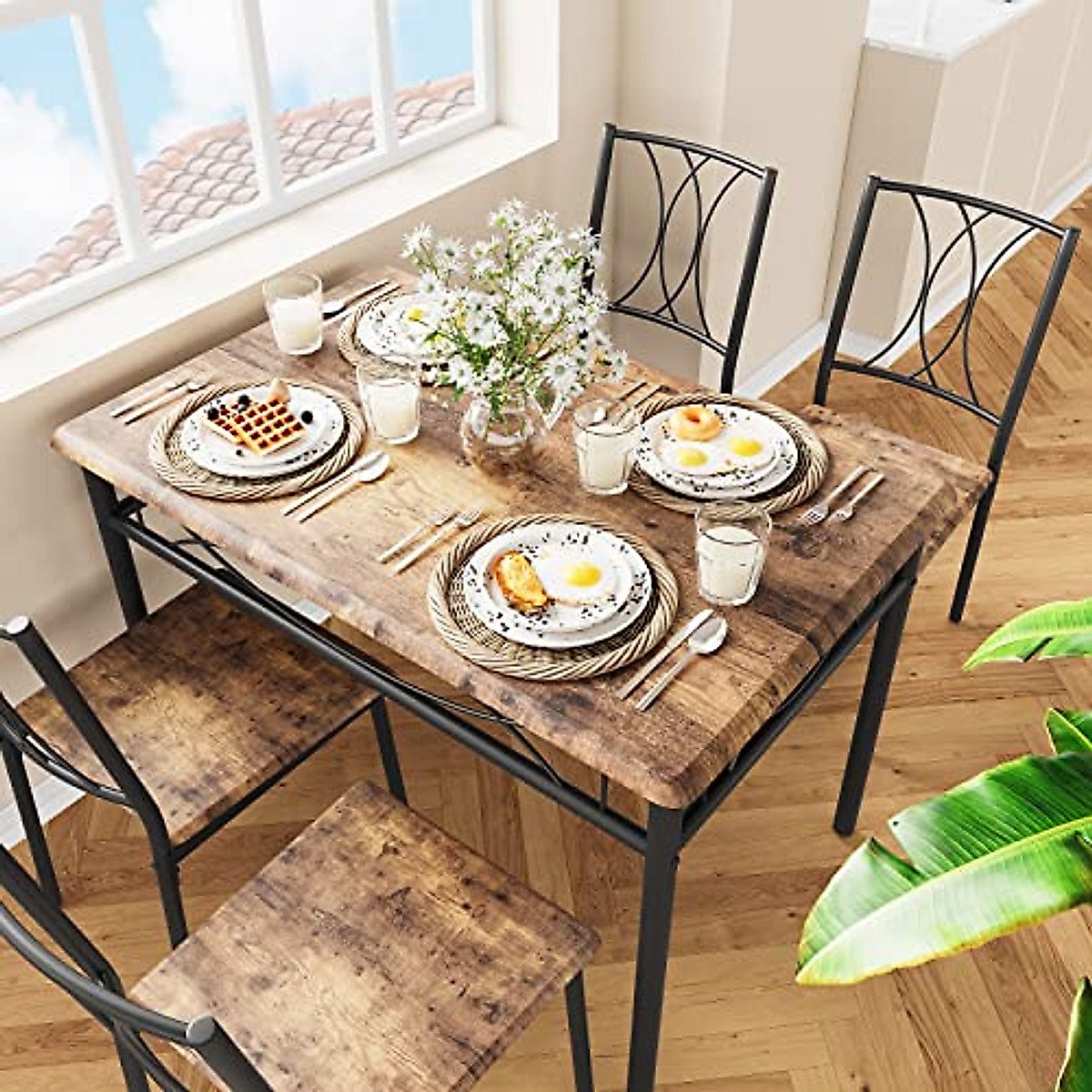 Fancihabor Dining Table Set for 4, Kitchen Table and Chairs for 4, Rectangular Dining Room Table Set with 4 Chairs, 5 Piece Kitchen Table Set for Small Space, Apartment, Rustic Brown