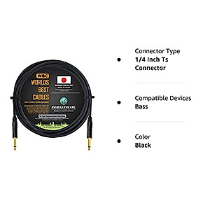 WORLDS BEST CABLES 10 Foot - Guitar Bass Instrument Cable CUSTOM MADE using Mogami 2524 wire and Neutrik NP2X-B ¼ Inch (6.35mm) Straight Gold TS Connectors