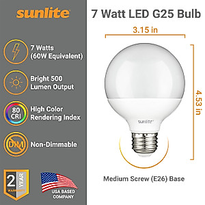 Sunlite 41584-SU LED G25 Globe Light Bulb, 7 Watts (60W Equivalent), 500 lumens, Non-Dimmable, Medium (E26) Base, UL Listed, 4000K Cool White, 6 Pack