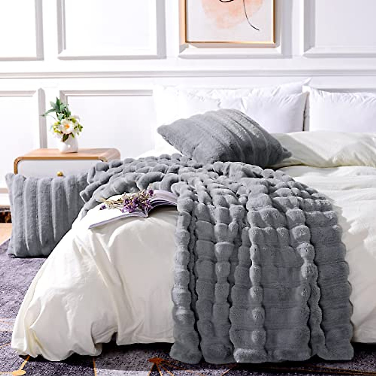 NEXHOME PRO Faux Fur Throw Blanket+2 Pillow Covers Set, Luxury Soft Rabbit Warm Fuzzy Cozy Fluffy Feel Fleece Blankets for Women 50"X60"+2X18 X18,Comfy Ruched Blanket for Sofa Couch Bed DÉcor Grey