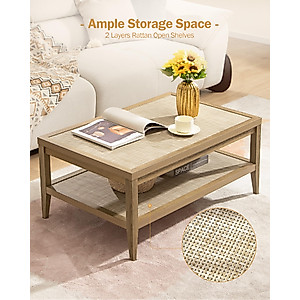 SICOTAS Rattan Coffee Table for Living Room - Boho Rectangle Center Coffee Tables with 2-Tier Rattan Storage Shelves - Accent Sofa Side Table for Small Space