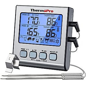 ThermoPro TP-17 Dual Probe Digital Cooking Meat Thermometer Large LCD Backlight Food Grill Thermometer with Timer Mode for Smoker Kitchen Oven BBQ, Silver