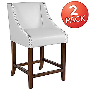 Flash Furniture Carmel Series 24" High Transitional Walnut Counter Height Stool with Nail Trim in White LeatherSoft, Set of 2