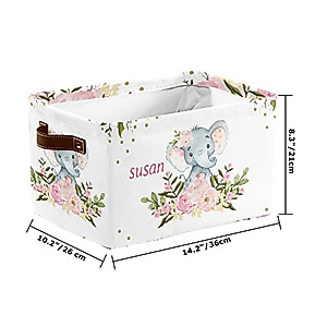 Personalized Pink Floral Elephant Storage Bin with Name Waterproof Canvas Organizer Bin with Handles for Gift Baskets Book Bag (1 Pack)