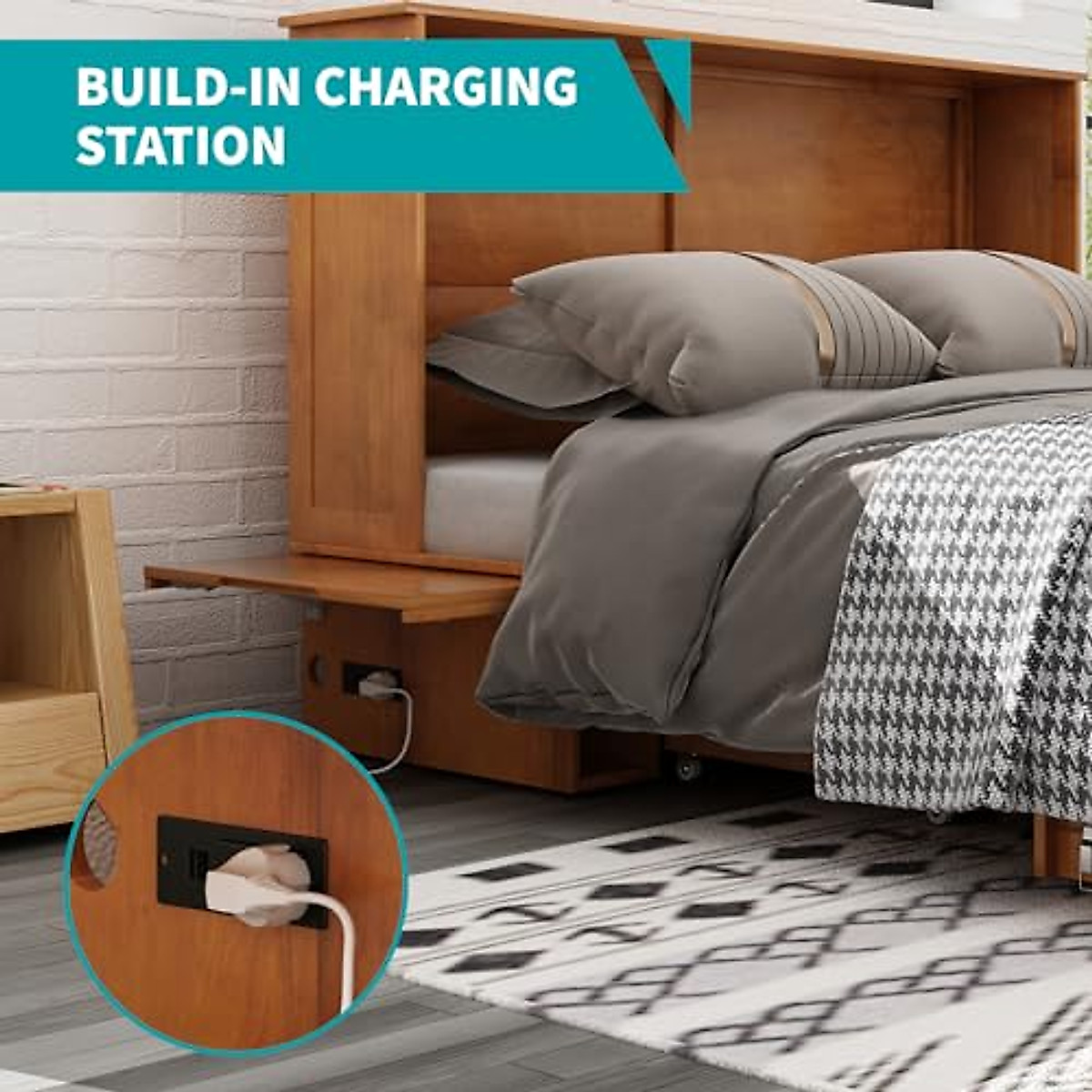 BALUS Cabinet Bed with Queen Size Mattress, Modern Murphy Bed with USB Charging Station, Foldable Tray Tables, Storage Drawer - Cherry Red