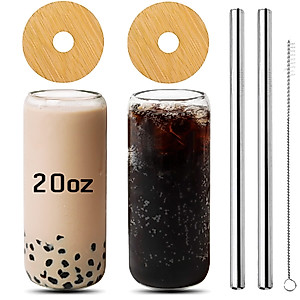 Fenspeed 2pcs Glass Cups with Lids and Straws Beer Can Drinking Glasses Set 20oz Iced Coffee Glasses Reusable Travel Tumbler Cup for Boba Smoothie Juice