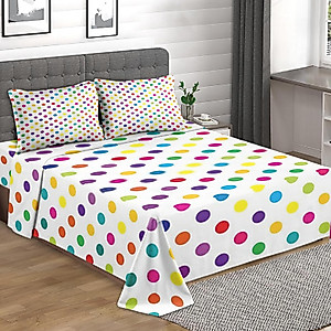Pinbeam 3 Pcs Fitted Sheet Set Twin Size with Deep Pocket, Polka Dot Kids Bedding Set with Pillowcase for Kids and Adults, Inspired Candy Fun Flat Bed Sheet Set