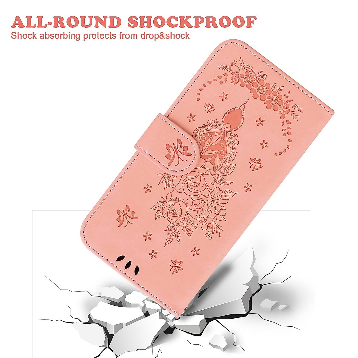 ONV Flip Case Compatible with Sony Xperia 1 III - Rose Butterfly Embossed Phone Case with Card Holder Lanyard Stand Case Leather Magnetic Wallet Cover for Sony Xperia 1 III [XT] -Pink