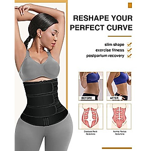 FeelinGirl womens Neoprene Waist Trainer 3 Straps Tummy Control Workout Corset Cincher Long Torso Trimmer Sauna Belt, Black, Medium