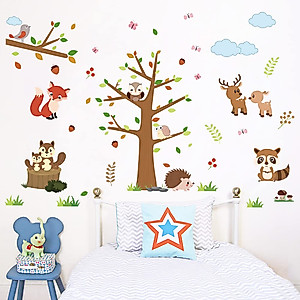 Runtoo Forest Animals Tree Wall Decals for Kids Fox Squirrel Deer Door Wall Stickers Girls Bedroom Baby Nursery Wall Decor