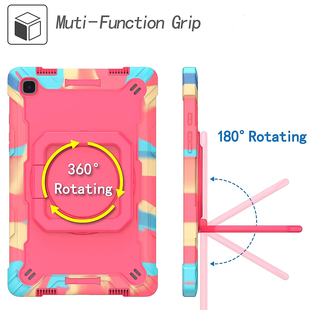 TDA Trading Case for Samsung Galaxy Tab A7 10.4" 2020 (SM-T500/ SM-T503/ SM-T505/ SM-T507) - Hybrid Shockproof 360 Rotating Multi-Functional Ring Stand Case with Shoulder Straps (Multicolor/Pink)
