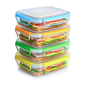 Snap Fresh - 4 Pack of Sandwich Containers (450 ml) - Reusable, BPA Free Plastic, Snap & Lock Shut Lids and Silicone Seal. Great for Fruit, Salad, Lunch Box Snacks and Food Storage; Kids and Adults