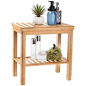 SOUJOY Bamboo Shower Bench, Bath Seat Stool, Spa Foot Rest Shaving Stool, Storage Shelf for Shampoo Towel, Works in Inside Bathroom, Living Room, Bedroom, Garden Leisure