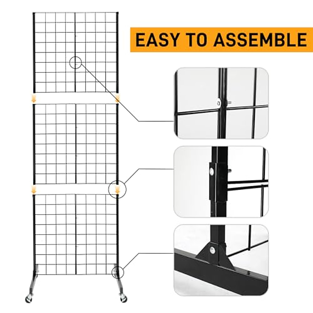 Bonnlo 2' x 6' Detachable Girdwall for Easy Transport, Standing Grid Tower, Thicker 5mm Wire, 180 LBS Weight Capacity Grid Panel with Legs and Extra Hooks, Display Rack for Retail and Craft Fair (2)