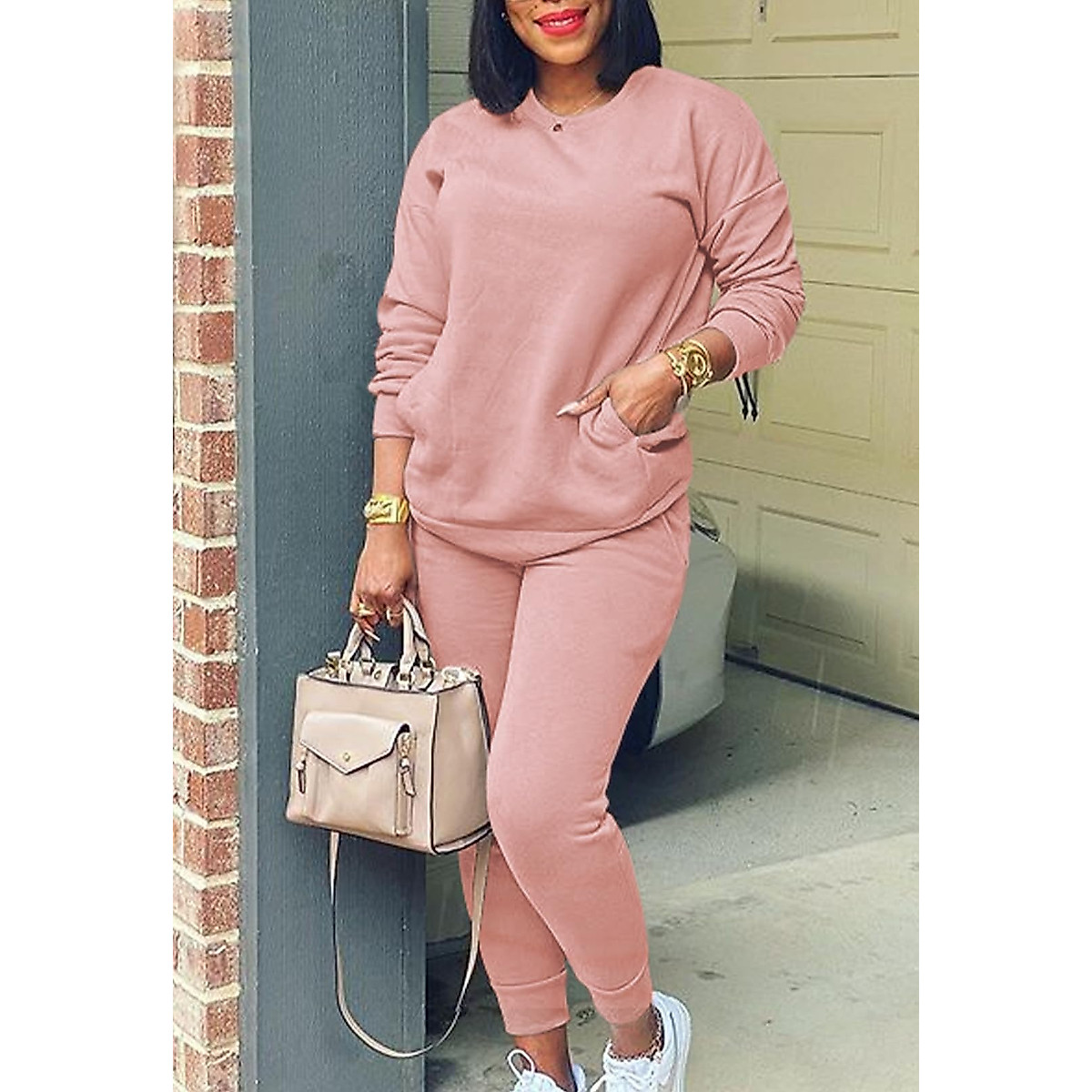 Fixmatti Women 2 Piece Sweatsuit Long Sleeve Tops Jogger Pants Workout Sets Tracksuit Pink M