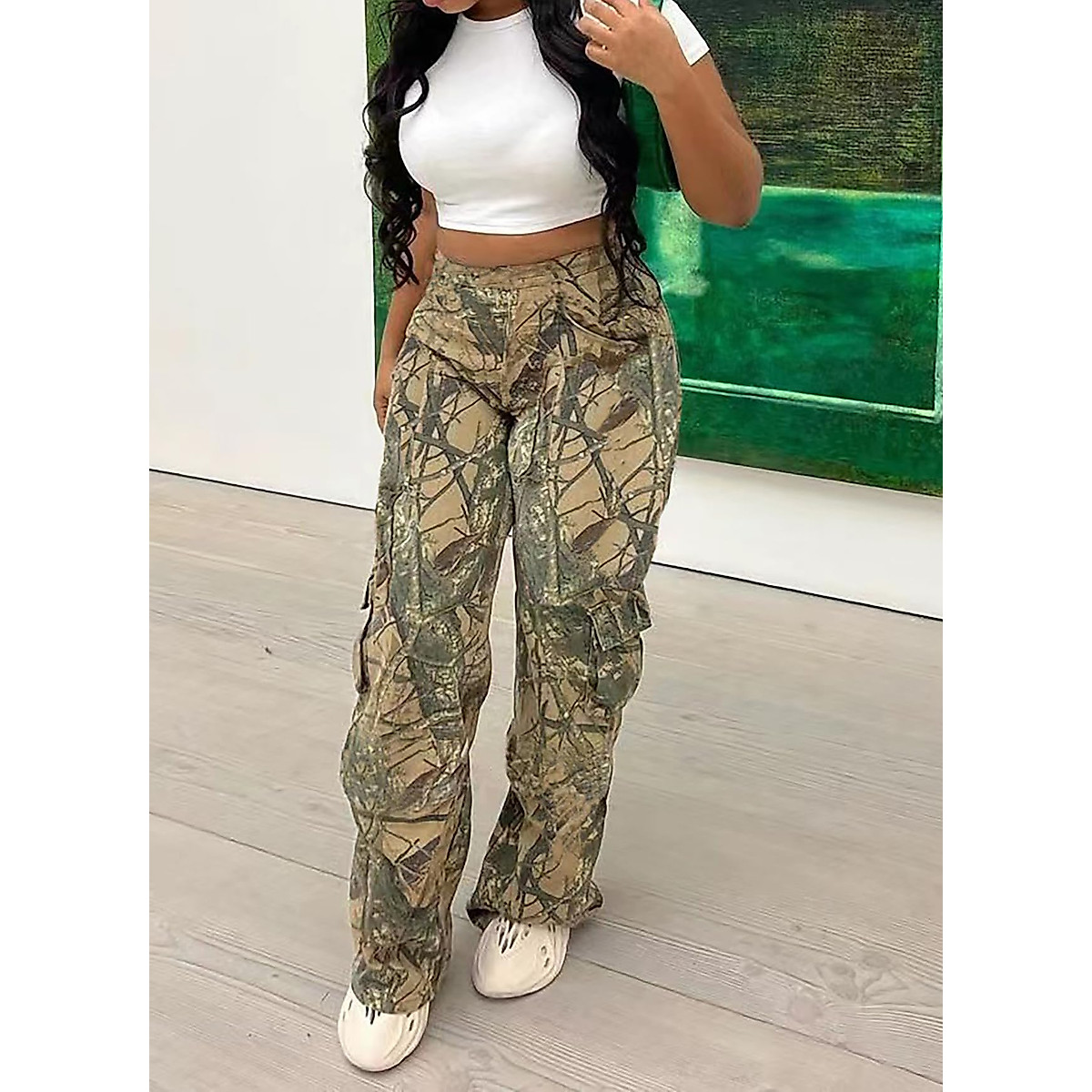 Vakkest Womens Army Fatigue Cargo Pants Casual Wide Leg Casual Pants Combat Military Trouser Baggy with Pockets Clubwear Y2K