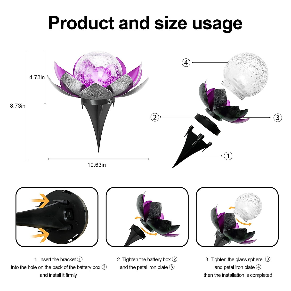 QZZP Solar Lights Outdoor Garden Decor,Crackle Globe Glass Decoration,Outside Waterproof Purple Metal Lotus Flower for Pathway,Walkway,Patio,Yard,Lawn,Tabletop,Ground