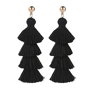 BaubleStar Fashion Gold Tassel Dangle Earrings Layered Long Bonita Tiered Black Thread Tassel Drop Statement Jewelry for Women