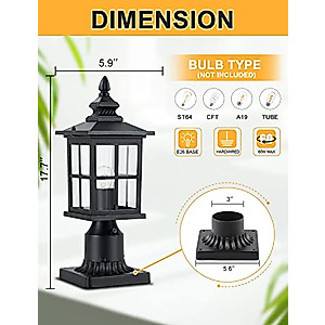 GYDZ Outdoor Dusk to Dawn Post Light, Outdoor Lamp Post Light Fixture, Exterior Pier Light Post Mount Light Head with Clear Glass for Garden, Matte Black, 2 Pack