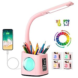 wanjiaone LED Desk Lamp with Clock,Color Changing Nightlight,Study Lamp with Pen Holder,Desk Light with USB Charger,Table Light for Home,Office,Gift for Kids,Students,Women,3 Brightness Levels,Pink