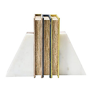 Main + Mesa Marble Geometric Bookends with Wood Inlay, White