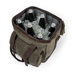 LEGACY - a Picnic Time Brand - Weekender Distressed Waxed Canvas 6 Bottle Insulated Wine Bag, Soft Cooler Wine Tote Bag, Wine Picnic Bag, (Khaki Green)