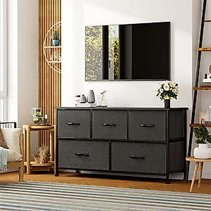JUMMICO Fabric Dresser for Bedroom, Tall Wide Dresser with 5 Drawers, Storage Tower with Fabric Bins, Dresser Fabric Box Steel Frame, Wood Top Drawer Chest TV Stand for Closet, Living Room (Black)