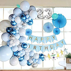 Blue Balloon Garland Arch Kit, 109 Pcs Macaron Blue Confetti & Metallic White Silver Balloons for Baby Shower Boy's Birthday Party Wedding Graduation Decoration Supplies