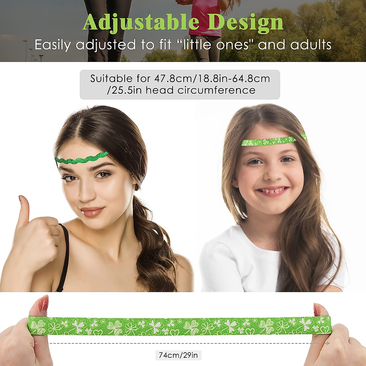 MoKo St Patricks Day Headband 5Pack, Non-Slip Stretchy Green Glitter Clover Headbands Accessories for Women Girls Teens