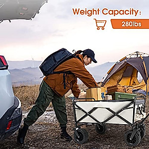COOZMENT All Terrain Utility Wagon,Folding Wagon Heavy Duty,Collapsible Folding Wagon Cart with Big Wheels,Beach Wagon Cart with 280lbs Weight Capacity,Lounge Wagon for Camping Sports Outdoor(Beige)