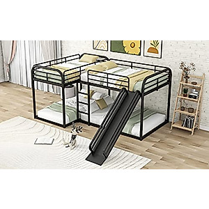Goohome Full and Twin Size L-Shaped Bunk Bed with Slide and Short Ladder, Metal Bunk Bed Bedroom Furniture w/Safety Guardrail, Accommodate 4 People, for Kids, Teens, Adults, No Box Spring Needed
