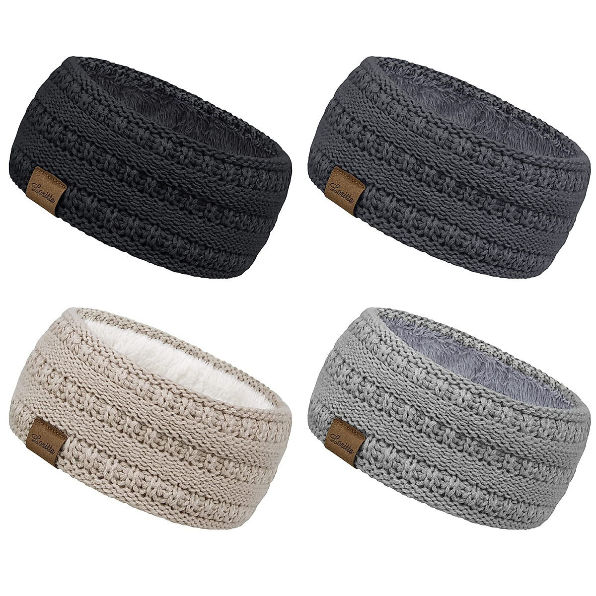 Loritta 4 Pack Womens Winter Headbands Fuzzy Fleece Lined Ear Warmer Cable Knit Thick Warm Crochet Headband Gifts, ZS A Pure Design Black+Beige+Dark Grey+Light Grey