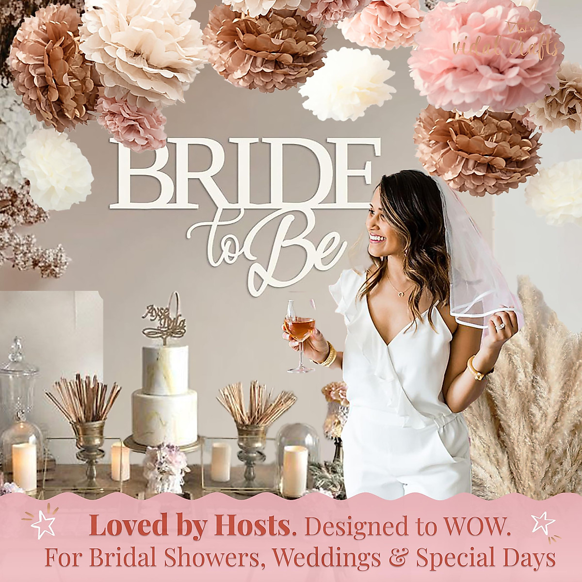 Vidal Crafts 20 PCS Dusty Pink, Rose Gold, Ivory, Pastel Grey, Tissue Paper Pom Poms Kit, 14", 10", 8", 6", Tissue Paper Flowers for Wedding, Birthday, Bridal Shower, Bachelorette, Baby Shower Décor