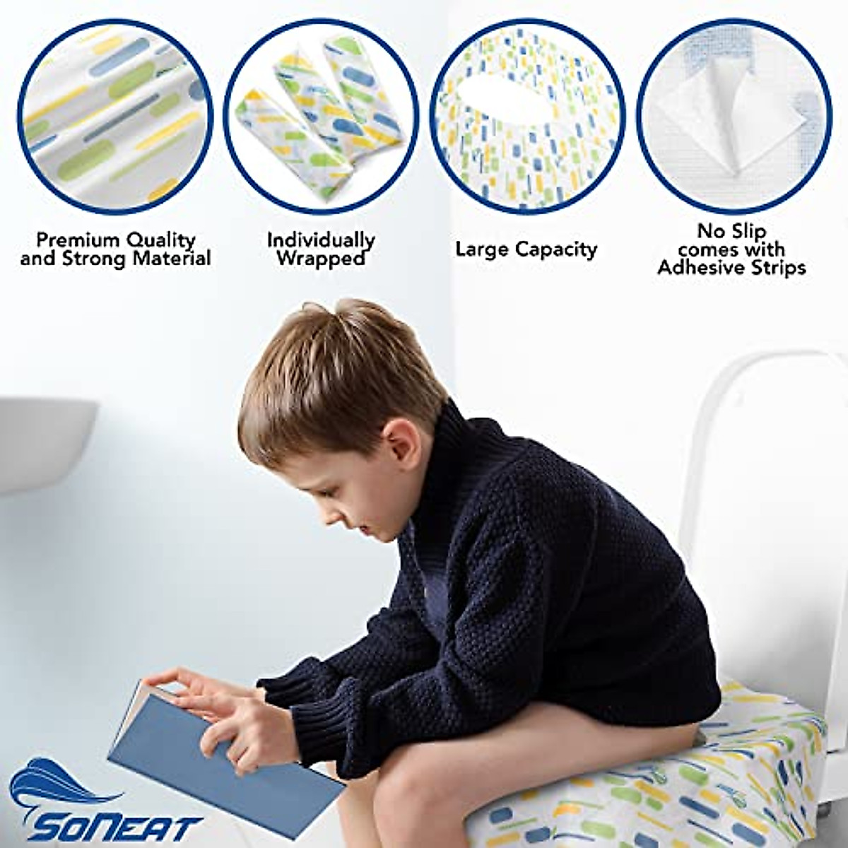 SoNeat Disposable Toilet Seat Cover - Extra Large Waterproof Toilet Seat Covers, Potty Training Seat Liners for Kids Travel and Public Restrooms, (Bright Lines, 4)