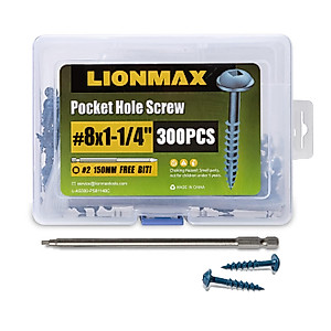 LIONMAX Pocket Hole Screws, 300PCS #8 x 1-1/4" Wood Screws with Square Drive, Blue Coated Exterior Screws for Outdoor Use, Weather Resistant, Coarse Thread, Self Tapping, 150MM Drive Bit Included