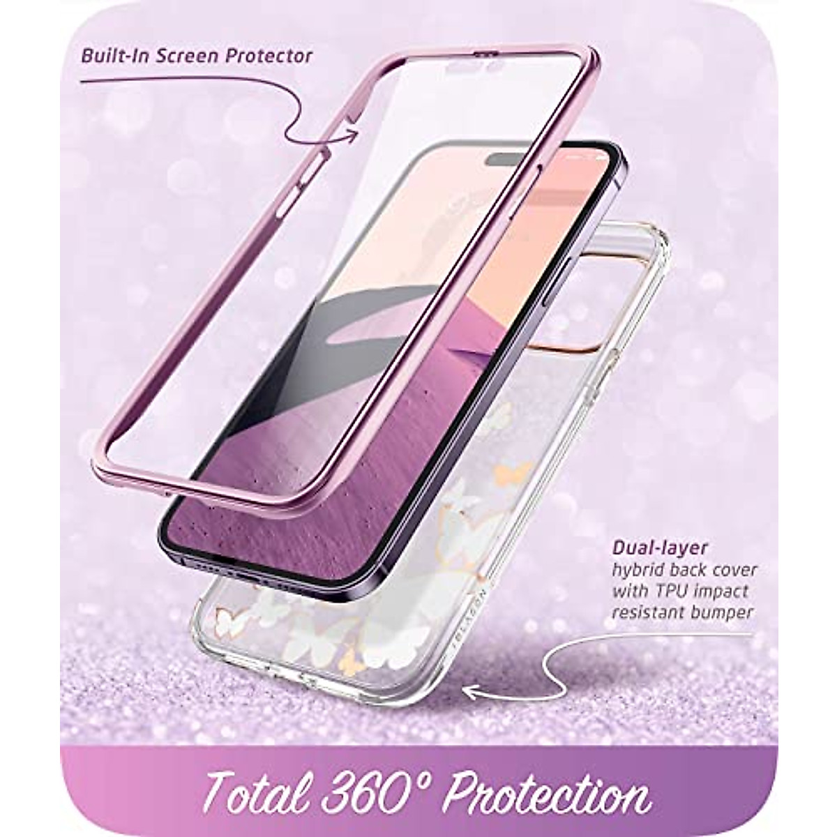i-Blason Cosmo Series for iPhone 14 Pro Case 6.1 inch (2022 Release), Slim Full-Body Stylish Protective Case with Built-in Screen Protector (Purplefly)