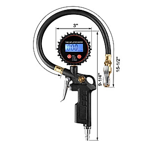 CZC AUTO Digital Tire Inflator Pressure Gauge, LED Display Tyre Deflator Gage with Straight Brass Lock-on Chuck Rubber Hose, Compatible with Air Pump Compressor for Truck Bus RV Car Motorcycle Bike
