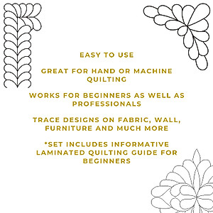 Border and Corner Feather Quilting Stencils - with Square Block Stencil - 3 Quilting Plastic Quilt Stencil Set for Borders, Background, Patterns - for Machine and Hand Quilting - with Guide