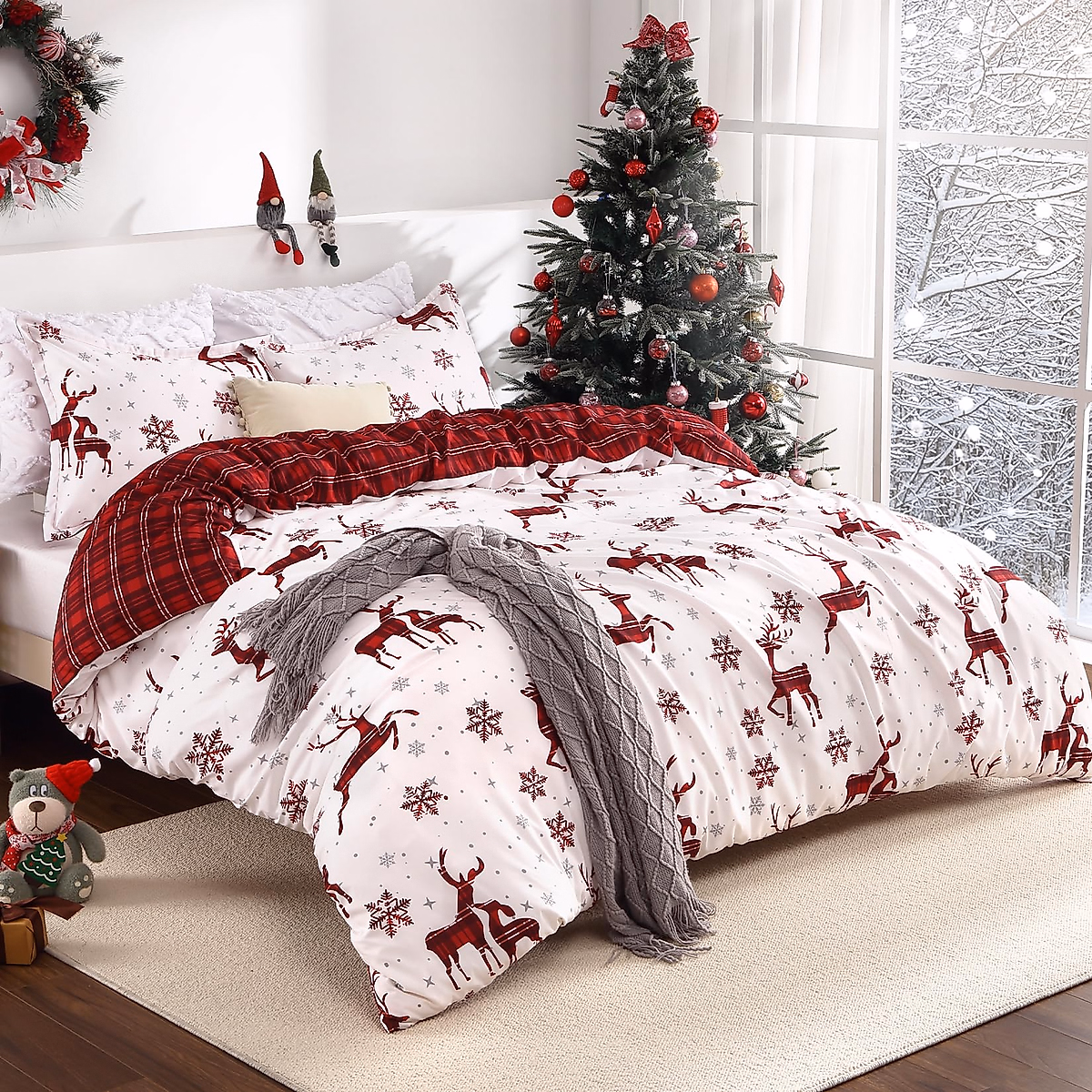 STARBEDIA Christmas Duvet Cover King, Soft Brushed Microfiber Comforter Cover Sets, Reindeer Printed Holiday Theme Bedroom Decorative Bedding (King Size, Red Plaid Deer)