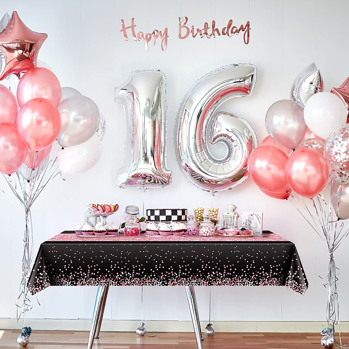 3 Pcs Black Sequin Tablecloth Dining Plastic Table Cover Rectangle Disposable Tablecloth for Graduation Birthday Wedding Anniversary Festive Cocktail Party Supplies, 54 x 108 Inch(Black and Rose Gold)