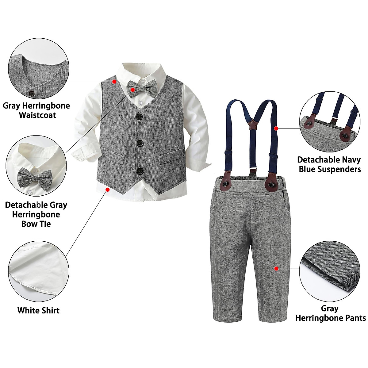 Boys Dress Clothes Set, 3PCS Baby Boy Formal Suits with Bowtie Dress Shirt + Suspender Pants + Suit Vest Wedding Clothing Outfits for Boys， Grey Zsl， 18-24 Months = Tag 90