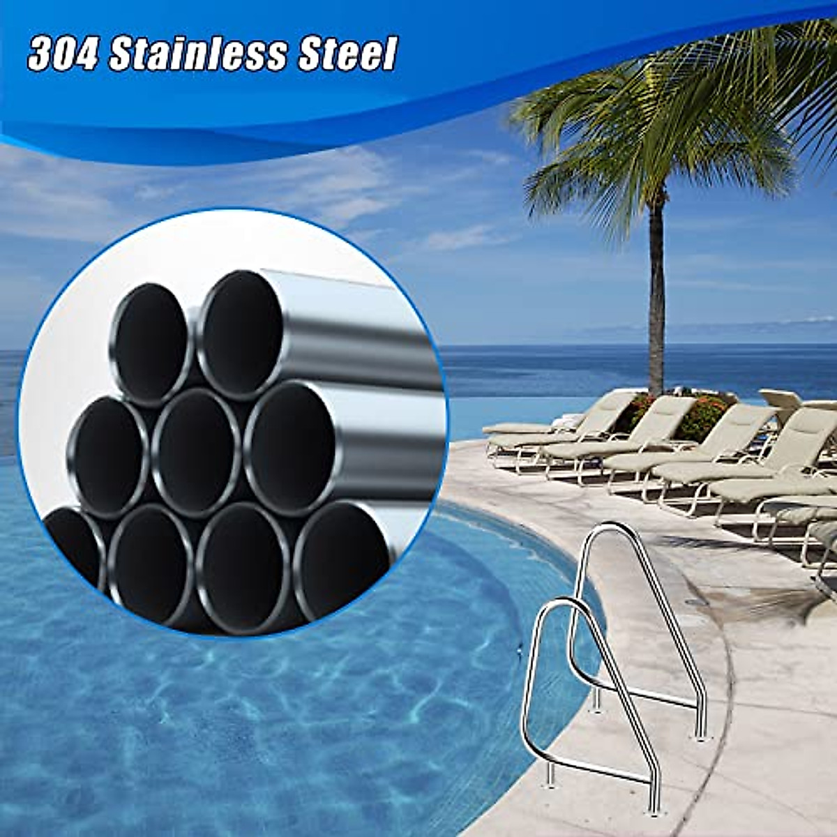 BTZHY Swimming Pool Handrails Easy-to-Install Hand Rail 304 Stainless Steel Reinforced Base Stair Railing for Garden Backyard Pools