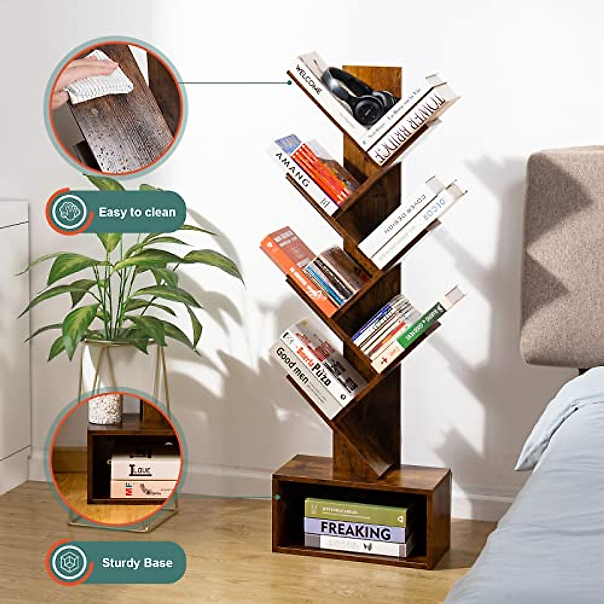 Yoobure Tree Bookshelf - 6 Shelf Retro Floor Standing Bookcase, Tall Wood Book Storage Rack for CDs/Movies/Books, Utility Book Organizer Shelves for Bedroom, Living Room, Home Office, Rustic Brown